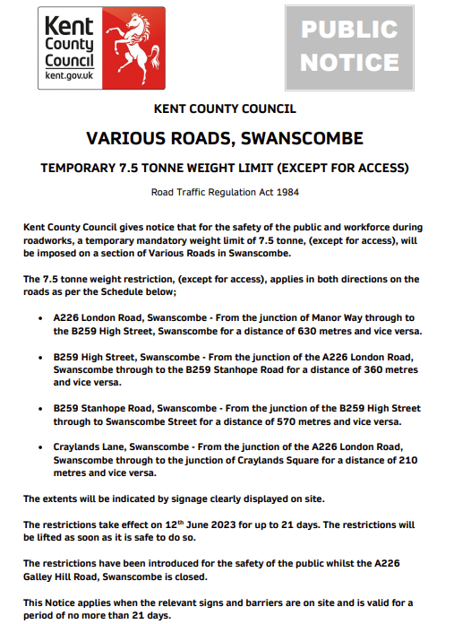 KCC Highways on Twitter: "Swanscombe, Various Roads: 7.5 tonne weight restrictions will be in ...
