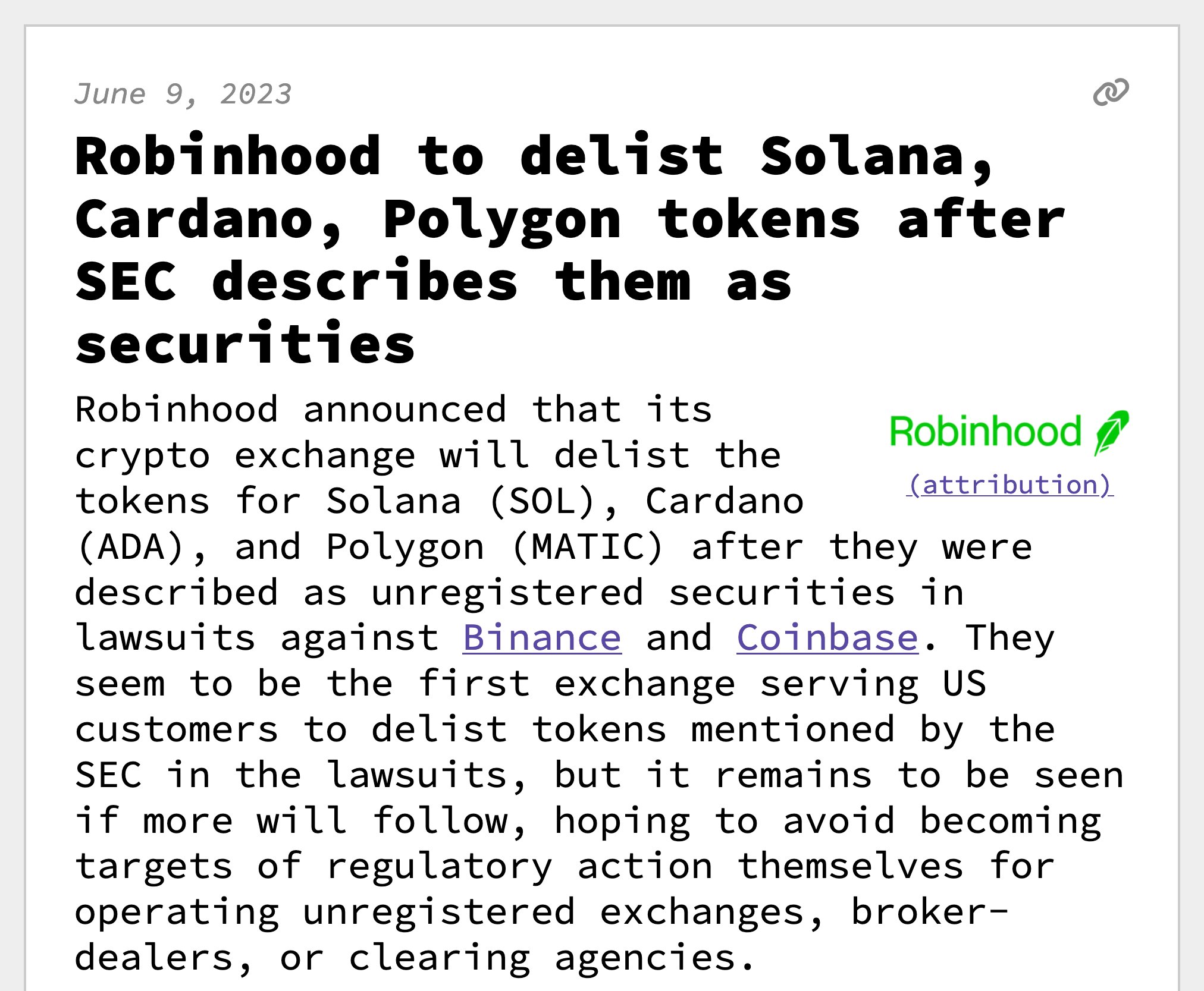 web3 is going just great on Twitter: "Robinhood to delist Solana, Cardano, Polygon tokens after ...