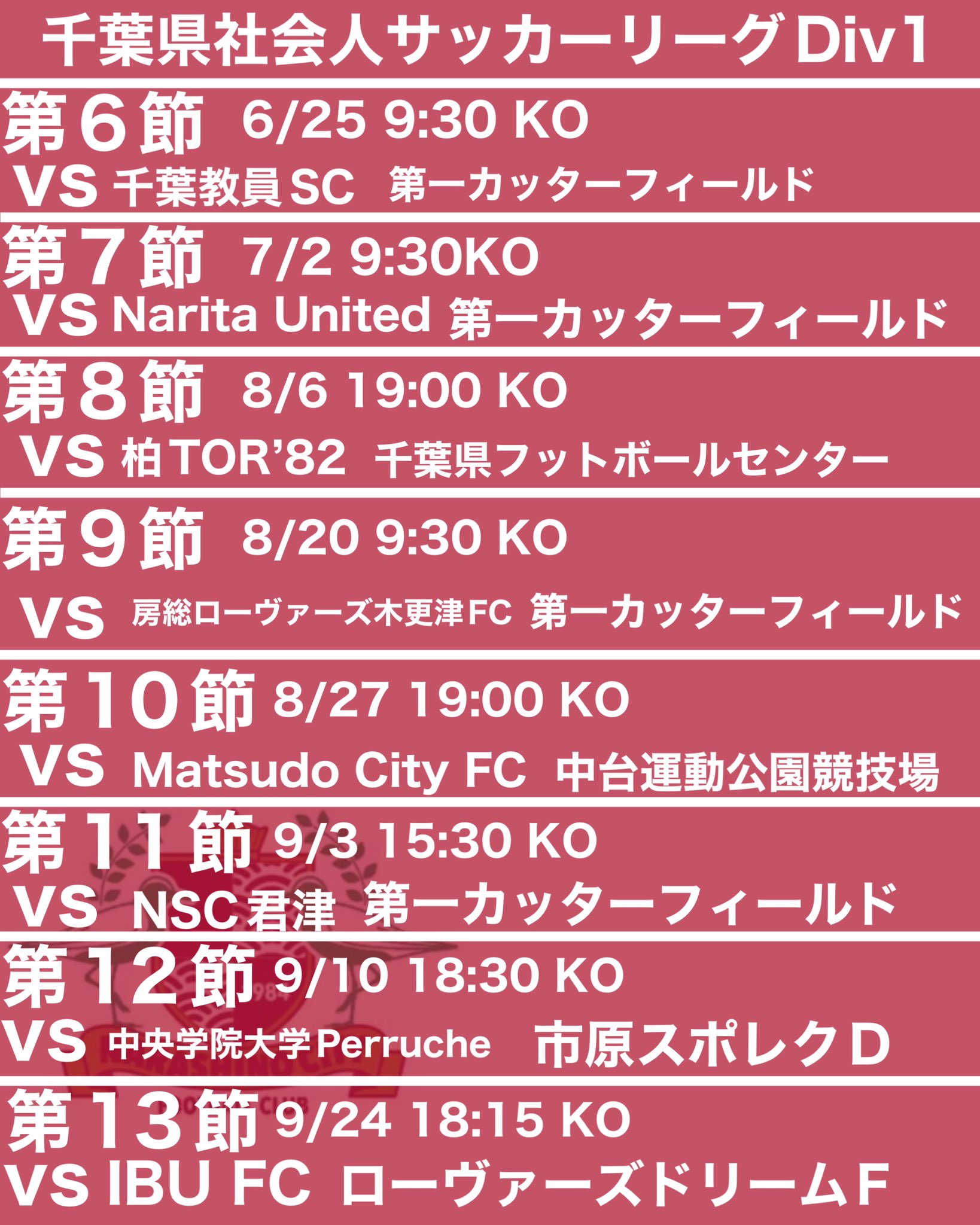 習志野シティFC on Twitter: "2023千葉県社会人サッカーリーグ1部の全日程が発表されました。 第5節以降の試合をお知らせいたします。 6/25 vs千葉教員SC 7/2 vs ...