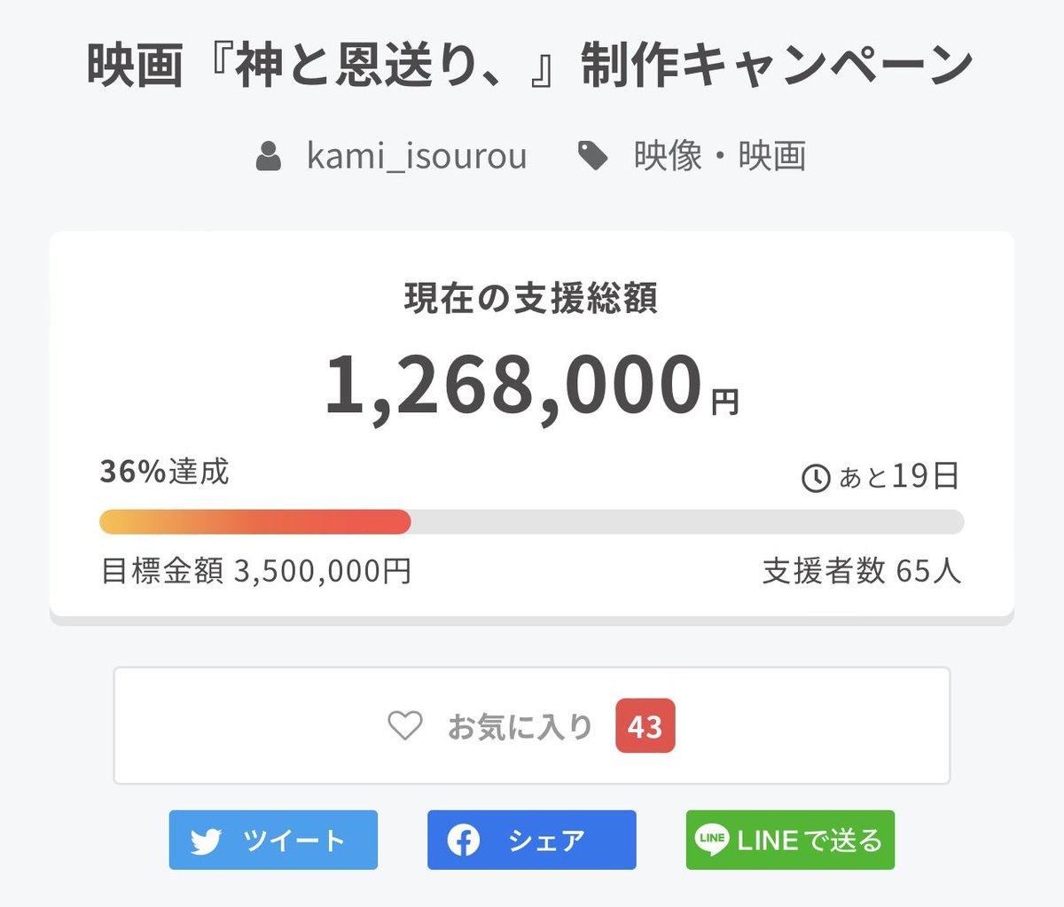 映画『神と恩送り、』公式 on Twitter: "／ 映画『神と恩送り、』🌊🎇 クラファン情報（達成率：36%）📣 \ ここ数日で支援者数が増えております‼️ 🐬🫧━━━━━━━━━━ 残り ...