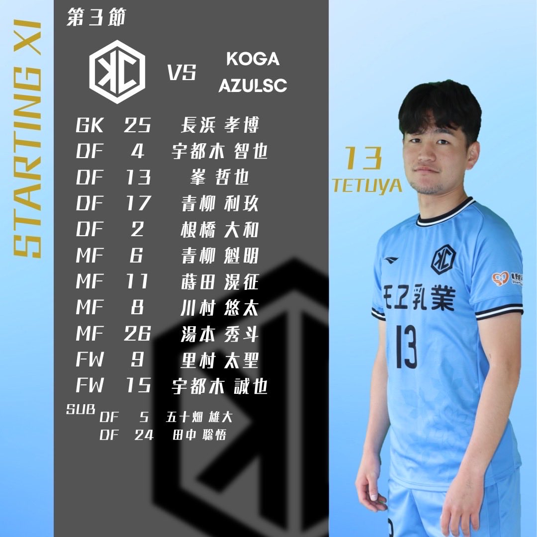 古河シティFC on Twitter: " 𝗦𝗧𝗔𝗥𝗧𝗜𝗡𝗚 𝗫𝗜 GK 25 長浜 孝博 DF 4 宇都木 智也 13 峯 哲也 17 青柳 利玖 2 根橋 大和 MF 6 青柳 魁明 11 ...