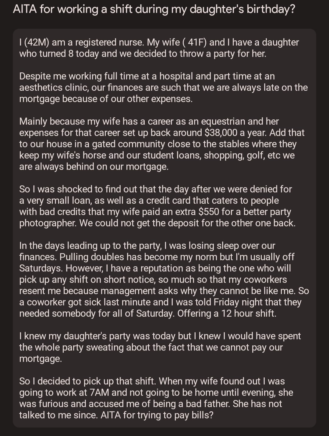 relationships.txt on Twitter: "AITA for working a shift during my daughter's birthday? https://t ...