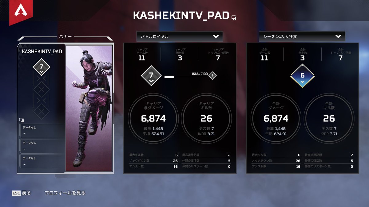 KASHEKIN TV（カシェ） on Twitter: "APEX、PAD生活2日目！ まさかの2連チャンピオン取れた！！ ってかPAD難しすぎて左親指がマジで痛いです！！ 数試合で限界 ...