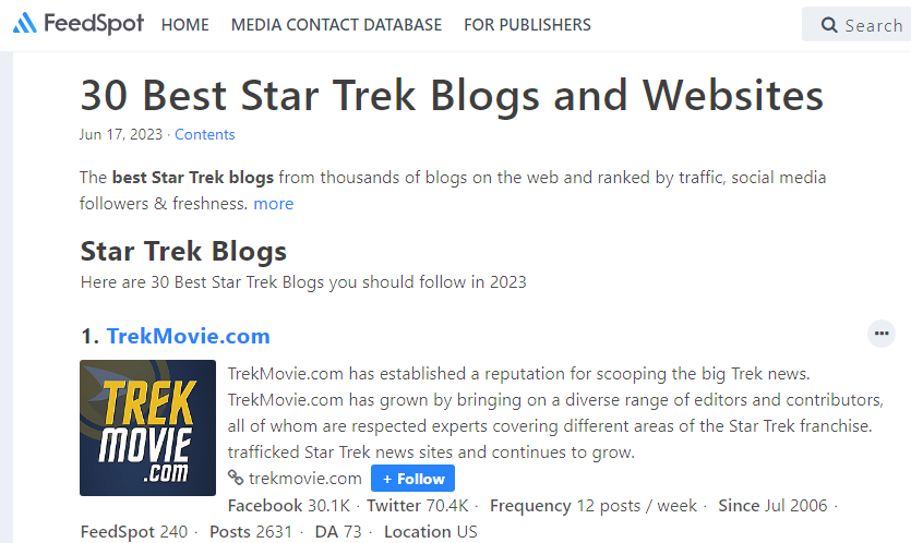 TrekMovie.com on Twitter: "TrekMovie has been ranked by @_feedspot as the #1 #StarTrek blog/website"
