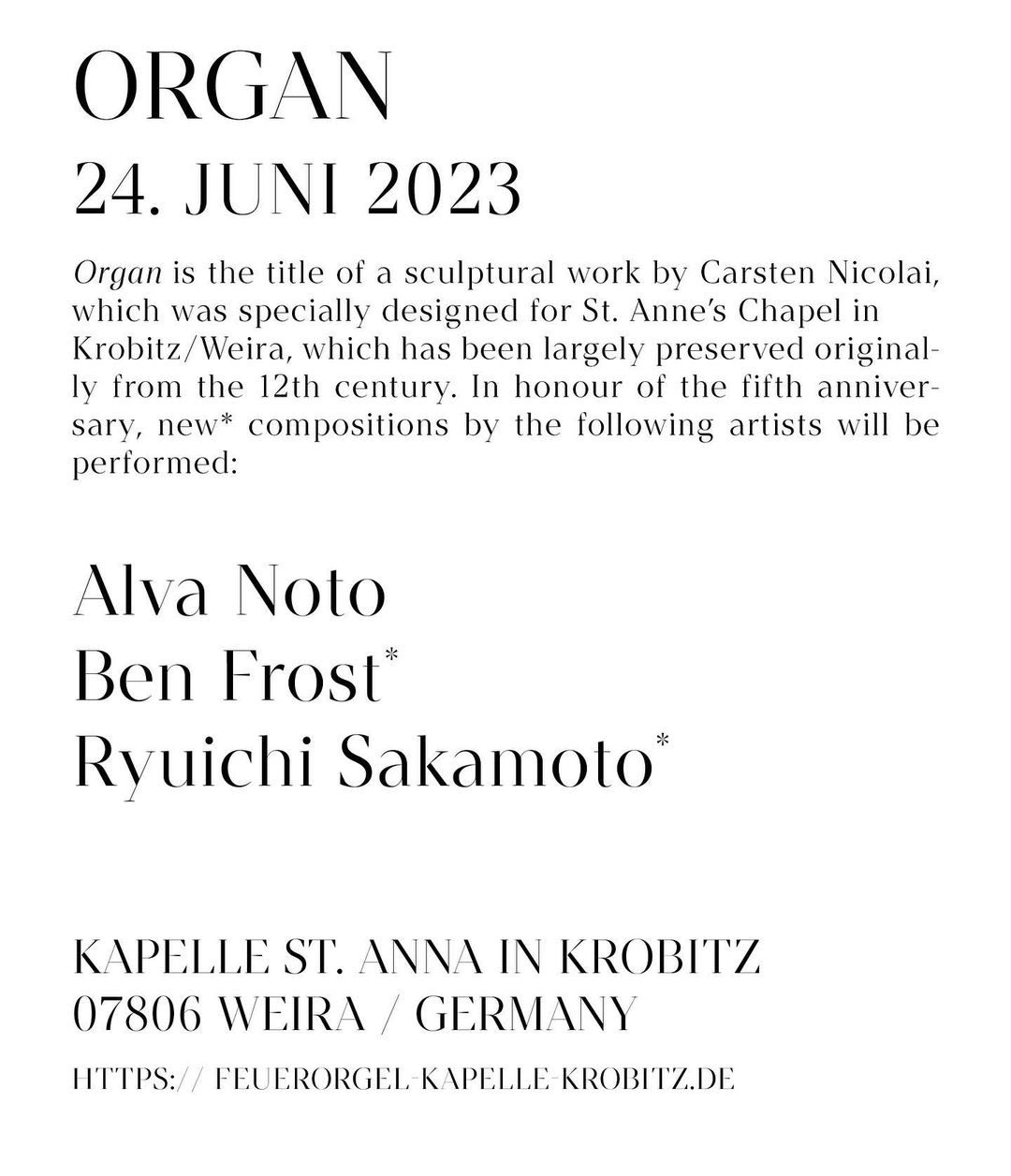 ryuichi sakamoto on Twitter: "ANNOUNCEMENT FOR 24 JUNE KROBITZ - ORGAN Organ is the title of a ...