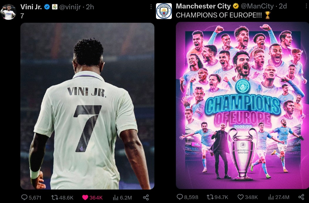 Vini announcing his new number got more likes in 2 hours than City ...
