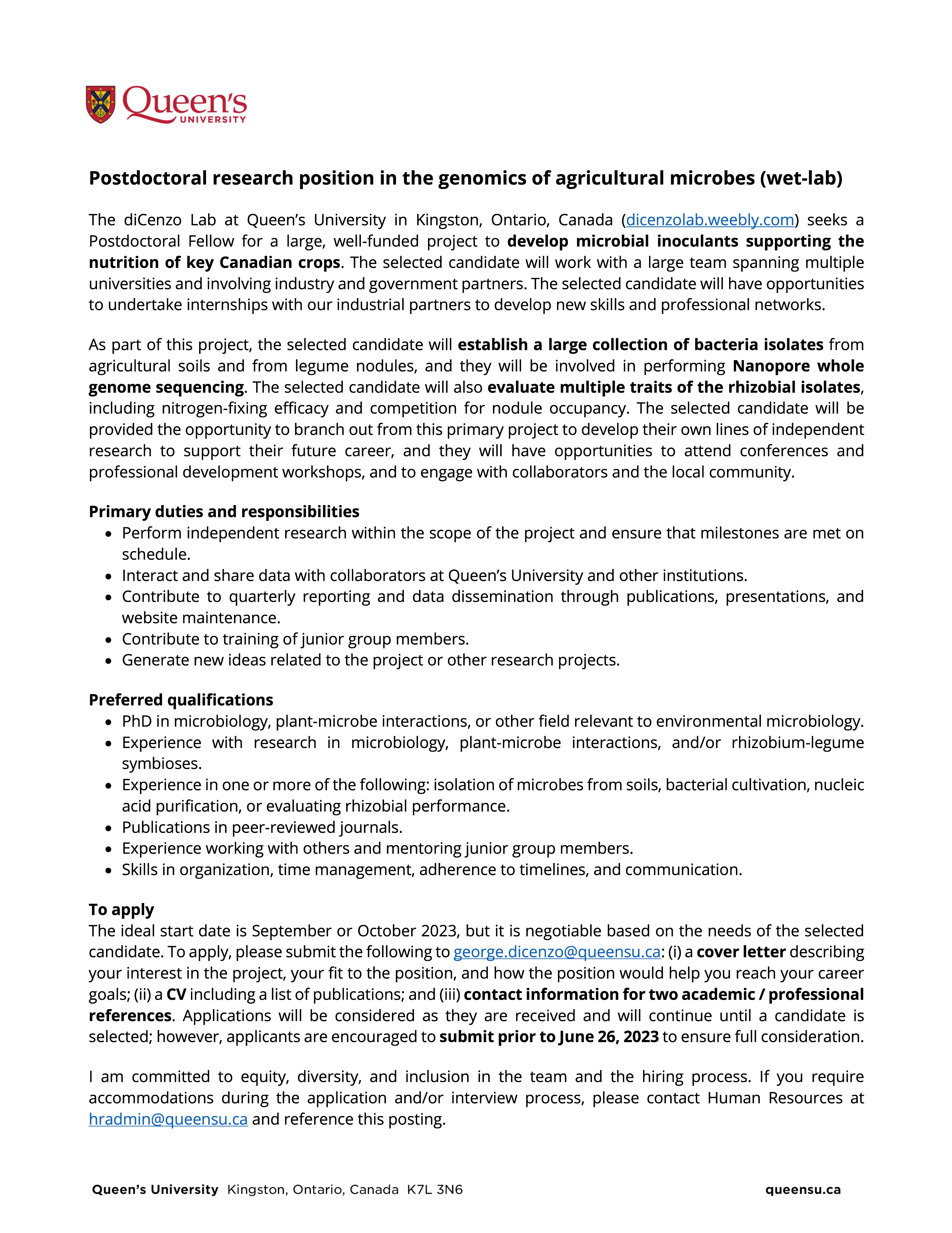Postdoctoral Research Position in Genomics, Queen's University Postdoctoral Research Position in Genomics, Queen's University