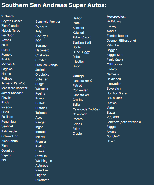 Gta San Andreas Cars List
