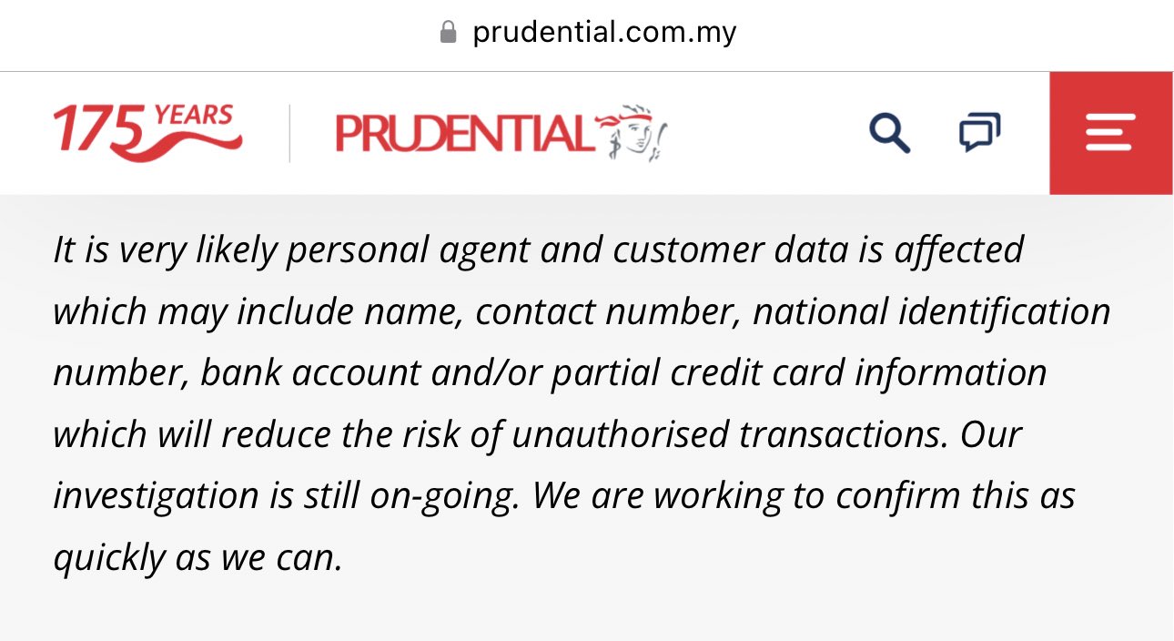 K on Twitter: "Prudential suffered a data breach. If you’re their customer, call them and ask ...