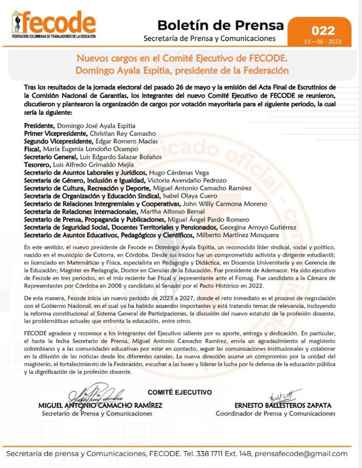 fecode on Twitter: "📄Compartimos boletín de prensa oficial: 📃Nueva conformación de cargos en el ...