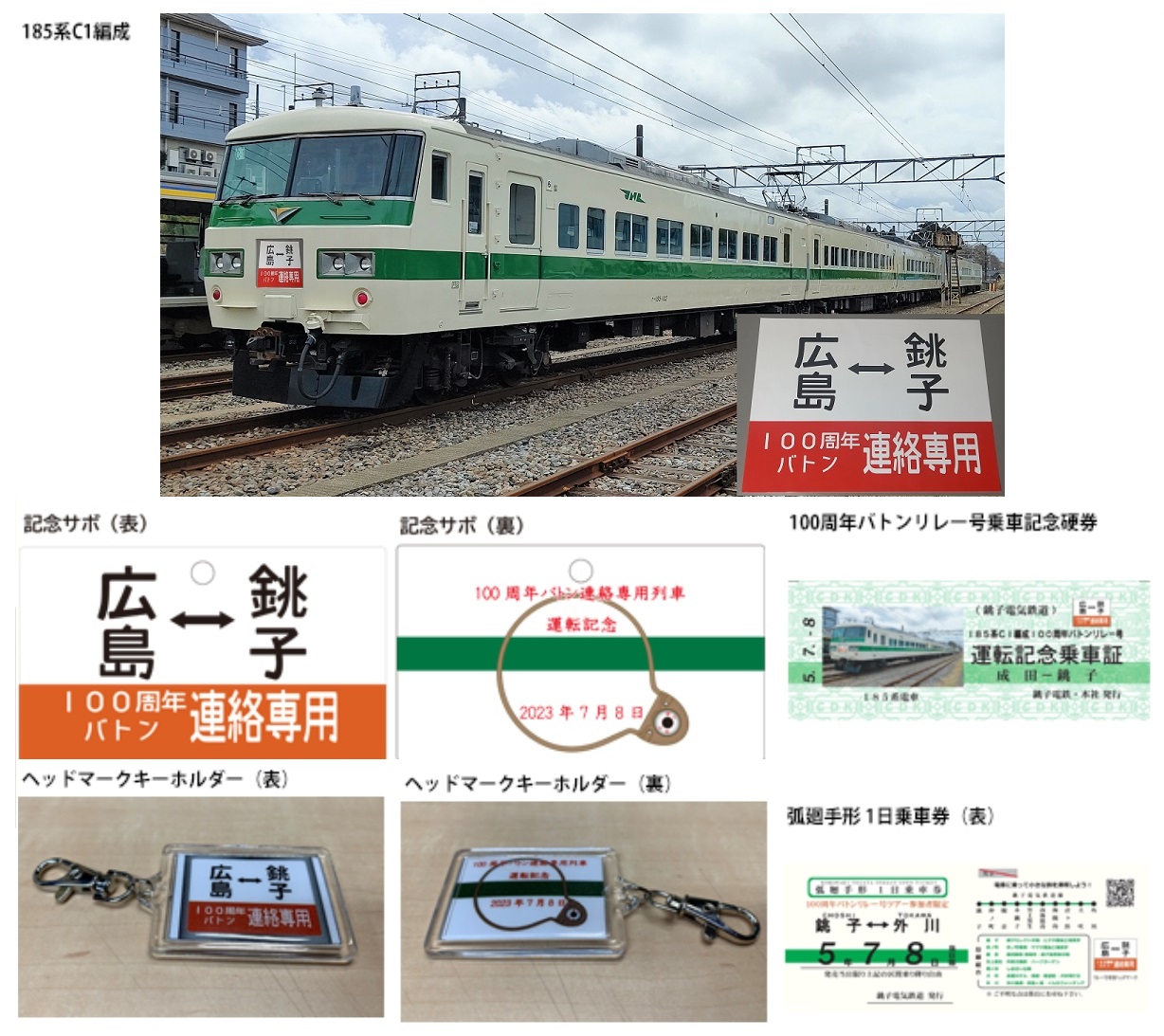 銚子電鉄（公式）🍘 on Twitter: "7/8(土) 広電から銚電への100周年バトンリレー中の 「#185系C1編成 100周年バトンリレー号(成田～銚子)と銚電貸切列車に乗って犬吠駅 ...