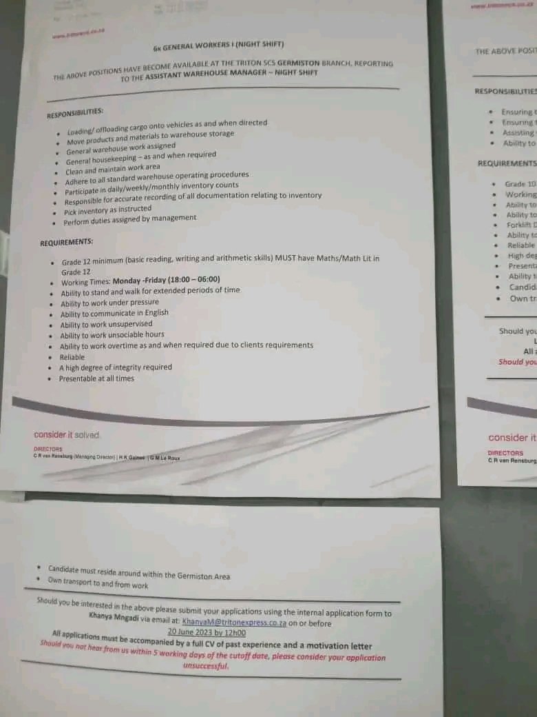 Nkuzi Ya Mananga on Twitter: "Triton Express 📌General Workers x6 (Night Shift) Requirements ...