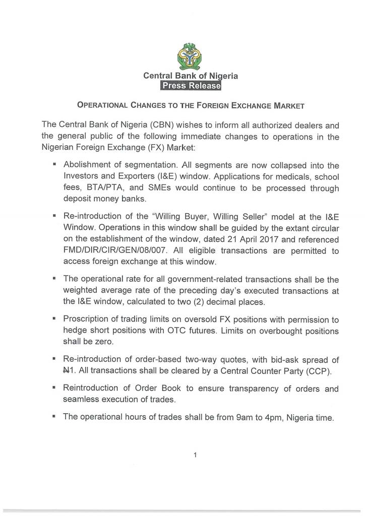 NEW CBN POLICY: Our Understanding 1. There's no longer an official rate ...