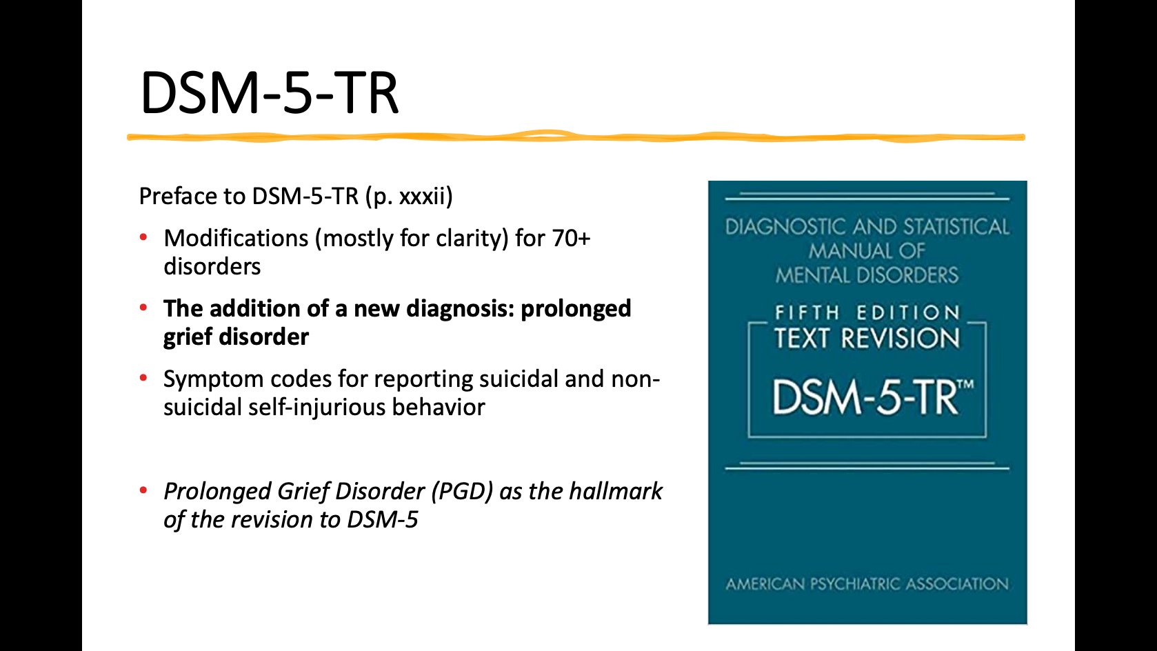 和田香織 on Twitter: "DSM-5-TR、日本語版が出るのですね。改訂事項は次の通りです（たまたま発表準備中のスライドより）。新規に導入された疾患概念は「遷延性悲嘆障害」のみ ...