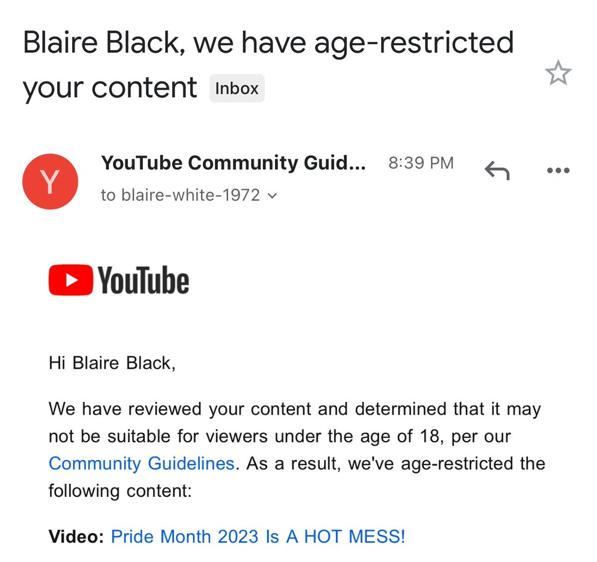 BLAIRE WHITE on Twitter: "YouTube has age-restricted my video containing Pride parade footage ...