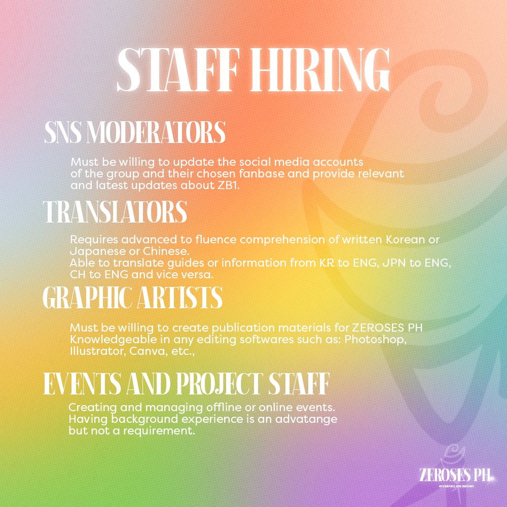ZEROSES PH on Twitter: "[📣] 𝐒𝐭𝐚𝐟𝐟 𝐇𝐢𝐫𝐢𝐧𝐠 ZEROSESPH is now looking for more active and dedicated ...
