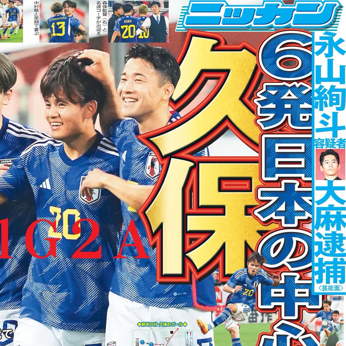 日刊スポーツSHOP on Twitter: "本日のスポーツ面1面はサッカー日本代表6発で勝利⚽MF久保建英選手が1G2Aで存在感抜群 詳しくはニッカンで📰 #久保建英 #サッカー日本代表 ...