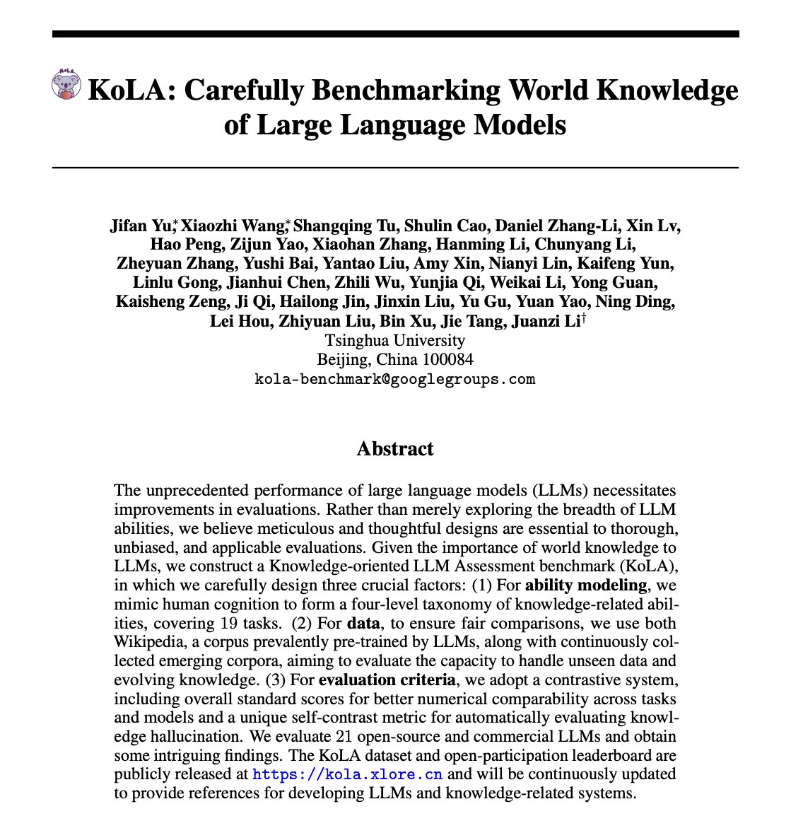 AK on Twitter: "KoLA: Carefully Benchmarking World Knowledge of Large Language Models paper page ...