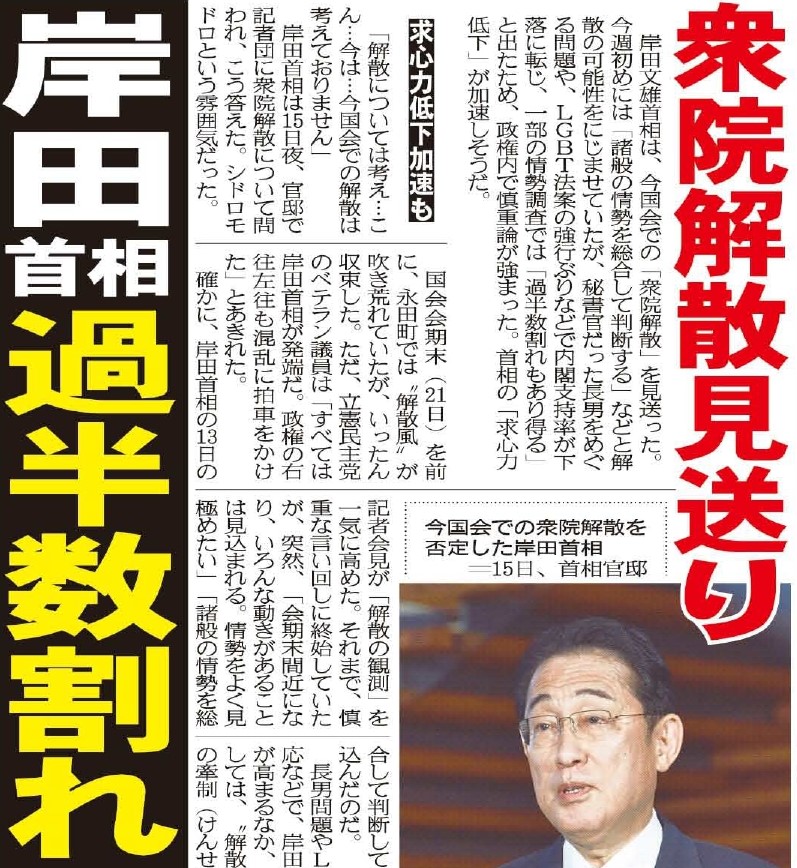 こちら夕刊フジ編集局 On Twitter 岸田文雄首相は衆院解散を見送りました 長男問題や、lgbt法案強行などで内閣支持率は下落 一部の情勢調査で「過半数割れ」と出て、慎重論が強まり