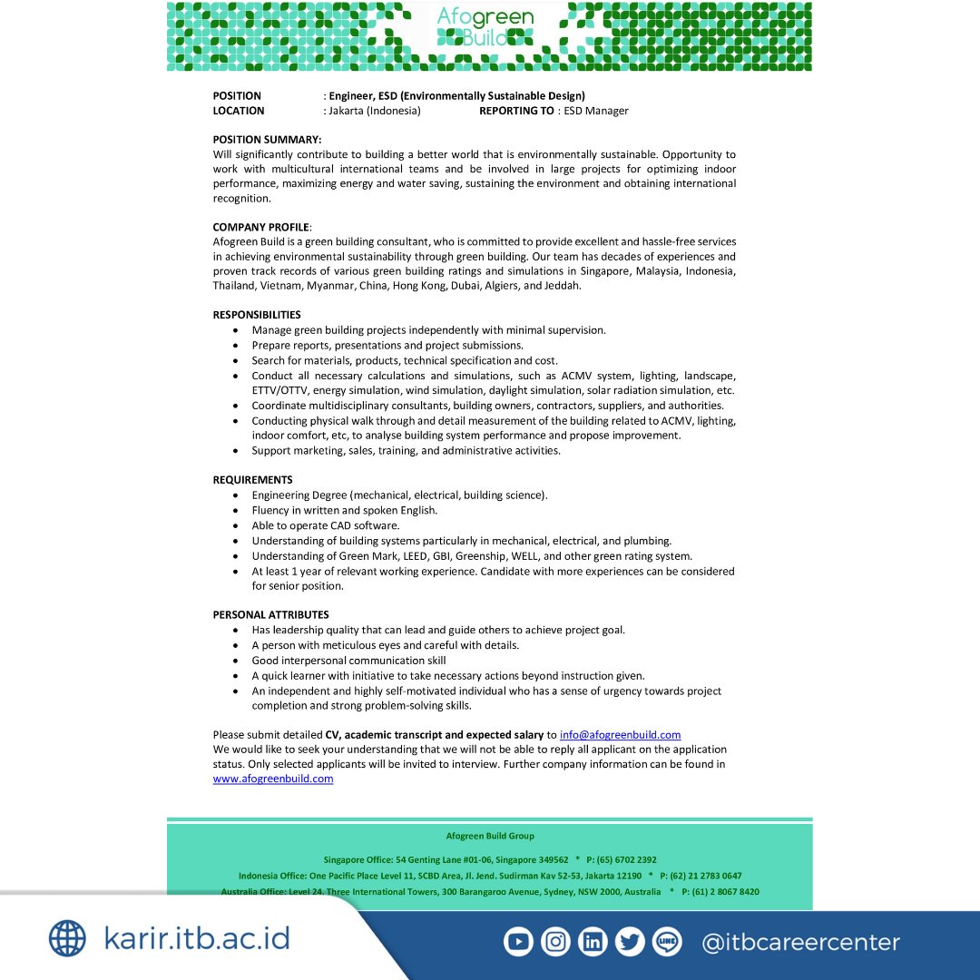 ITB Career Center on Twitter: "[𝐉𝐎𝐁 𝐕𝐀𝐂𝐀𝐍𝐂𝐘] Afogreen Build, a specialist in green building ...