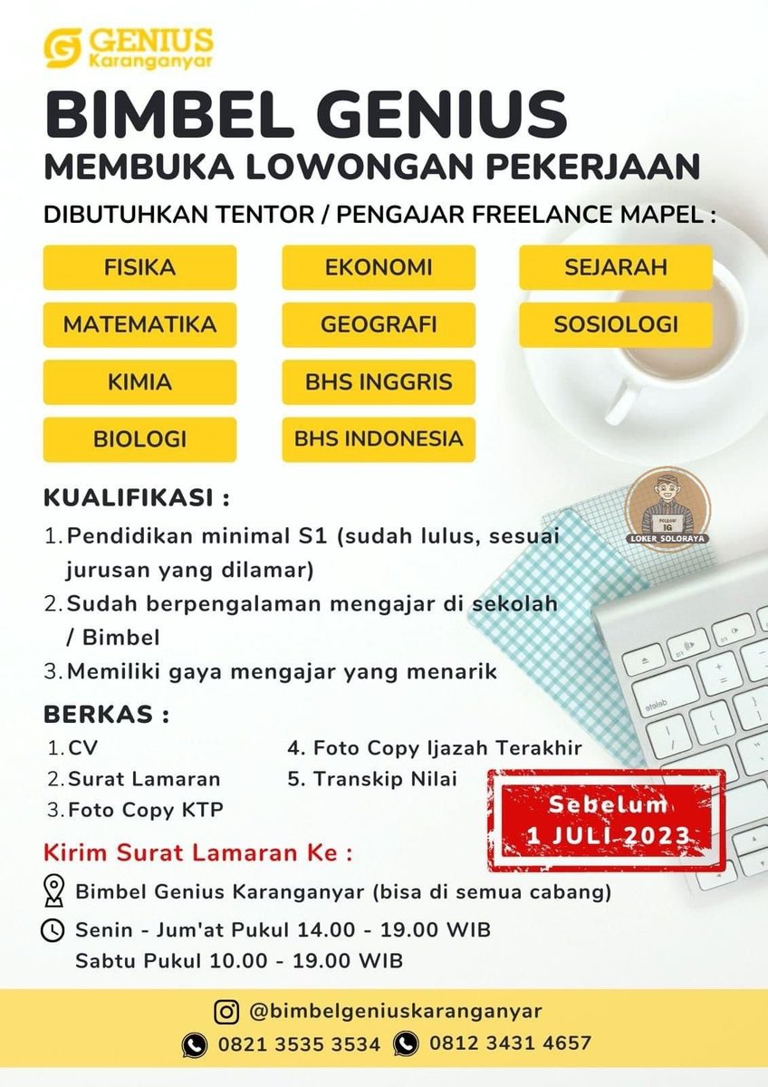 Loker Solo Raya on Twitter: "LOKER BIMBEL GENIUS Posisi : TENTOR / PENGAJAR FREELANCE *)DEADLINE ...