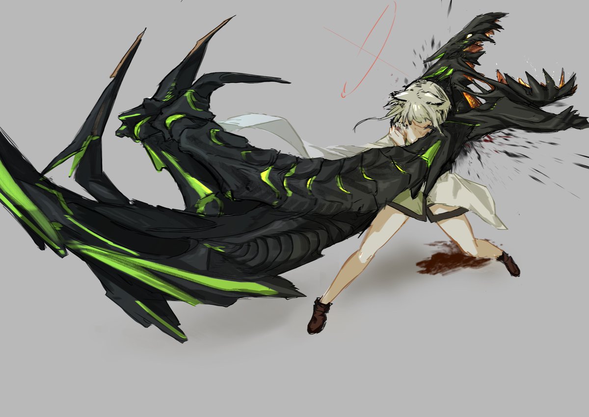 kal'tsit (arknights) 1girl grey background animal ears blood monster ...