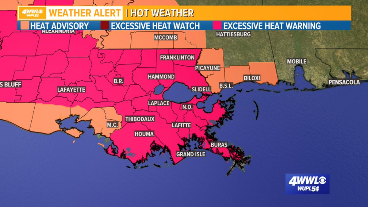 WWL-TV on Twitter: "RT @paytonmalonewx: A HEAT WARNING has been issued for areas in pink ...