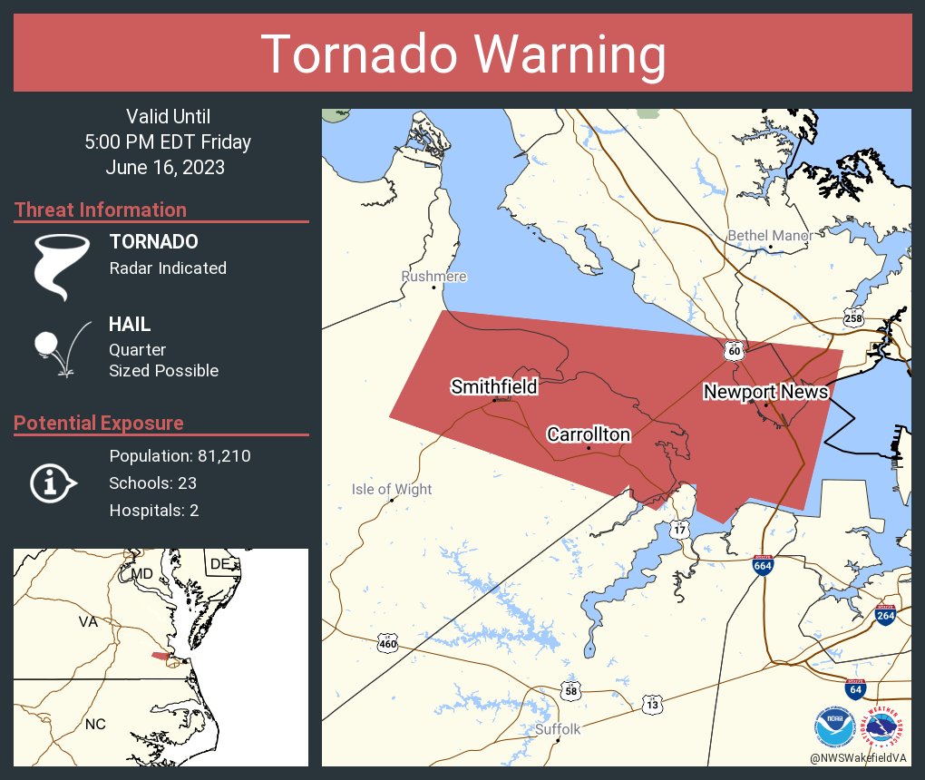 NWS Tornado on Twitter: "Tornado Warning including Newport News VA, Smithfield VA and Carrollton ...