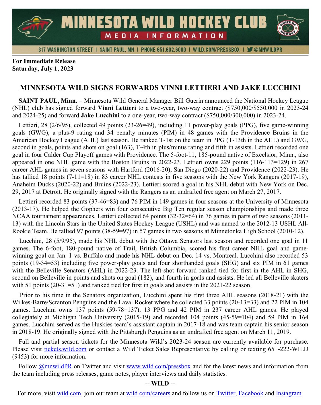 Minnesota Wild PR on Twitter: "The #mnwild has signed F Vinni Lettieri to a two-year, two-way ...