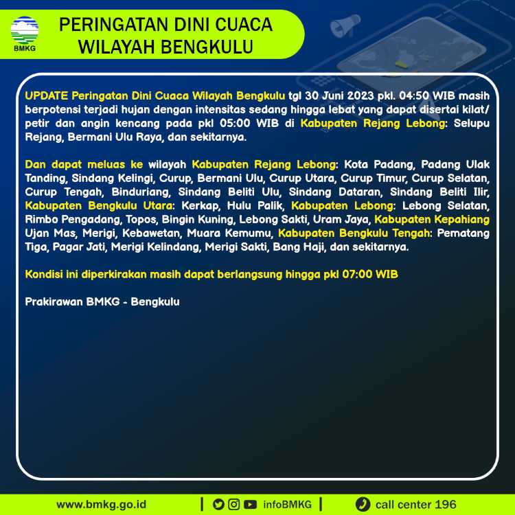 BMKG on Twitter: "Update Peringatan Dini Cuaca Wilayah - Bengkulu Tgl. 30 Juni 2023 pkl. 05:00 ...