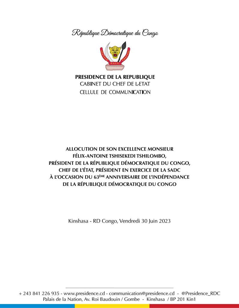 Présidence RDC 🇨🇩 on Twitter: "#RDC 30.06.2023|#Kinshasa Voici le discours que le Chef de l’État ...