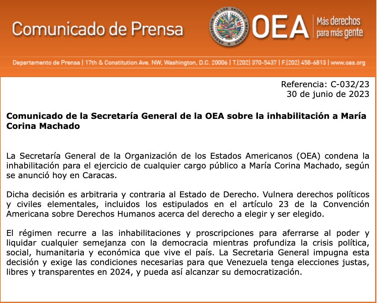 Luis Almagro on Twitter: "Comunicado de la Secretaría General de la OEA sobre la inhabilitación ...