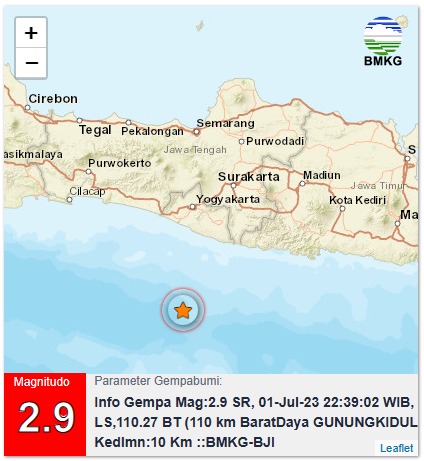Stageof Sleman on Twitter: "Info Gempa Mag:2.9, 01-Jul-23 22:39:02 WIB, Lok:8.93 LS,110.27 BT ...