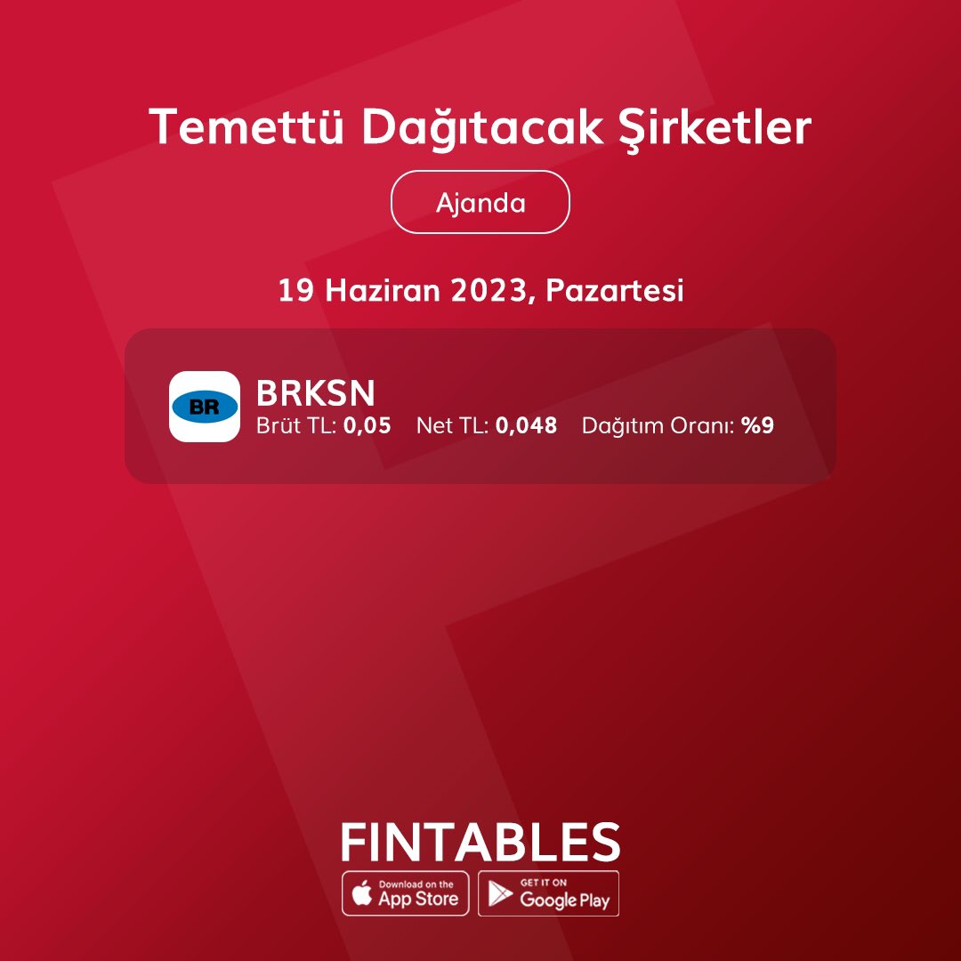 Fintables on Twitter: "🗓️Bugün Temettü Dağıtacak Şirketler #BRKSN https://t.co/Slz4vi0rVb" / Twitter
