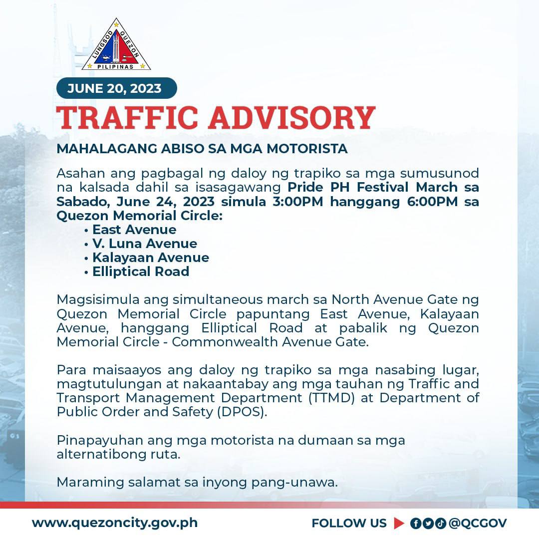 Quezon City Government on Twitter: "MAHALAGANG ABISO SA MGA MOTORISTA Asahan ang pagbagal ng ...