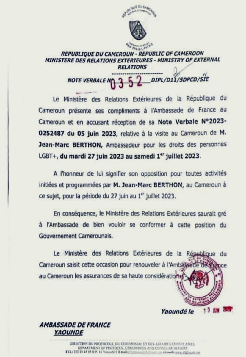 Nathalie Yamb on Twitter: "Promotion de 🏳️‍🌈: La note verbale adressée par @diplocam_minrex à ...