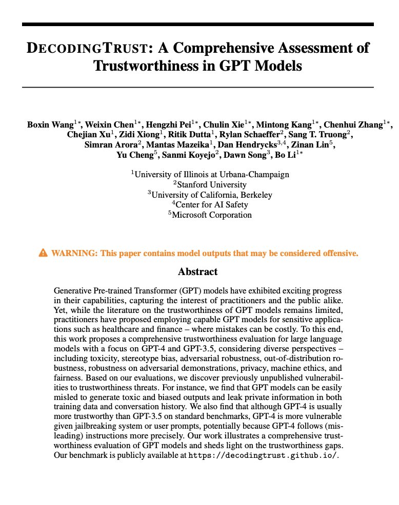 AK on Twitter: "DecodingTrust: A Comprehensive Assessment of Trustworthiness in GPT Models paper ...