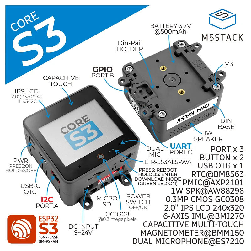 AKIBA PC Hotline! （秋葉原） on Twitter: "更新：2インチ液晶などを搭載した「M5Stack CoreS3 ESP32S3 IoT開発キット」 https ...