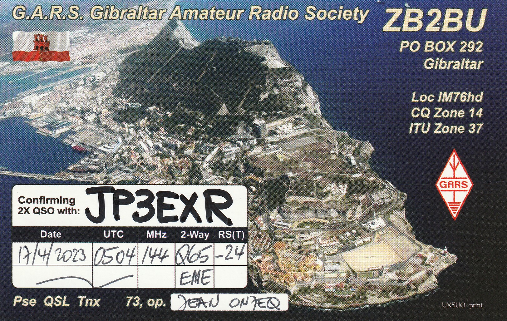 jp3exr Taka on Twitter: "ギリでQSO出来たZB2BU, ジブラルタルです。 2m DXCC #115のQSLカードが届きました。 I am glad to ...