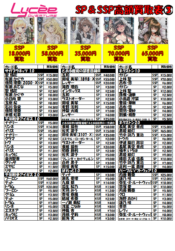 アメニティードリームなんば2号店@アルバイト募集中！ on Twitter: "【リセ買取情報】 Lycee overture SSP&SPの高価買取中です。 SSP買取価格 小木曽雪菜 ...