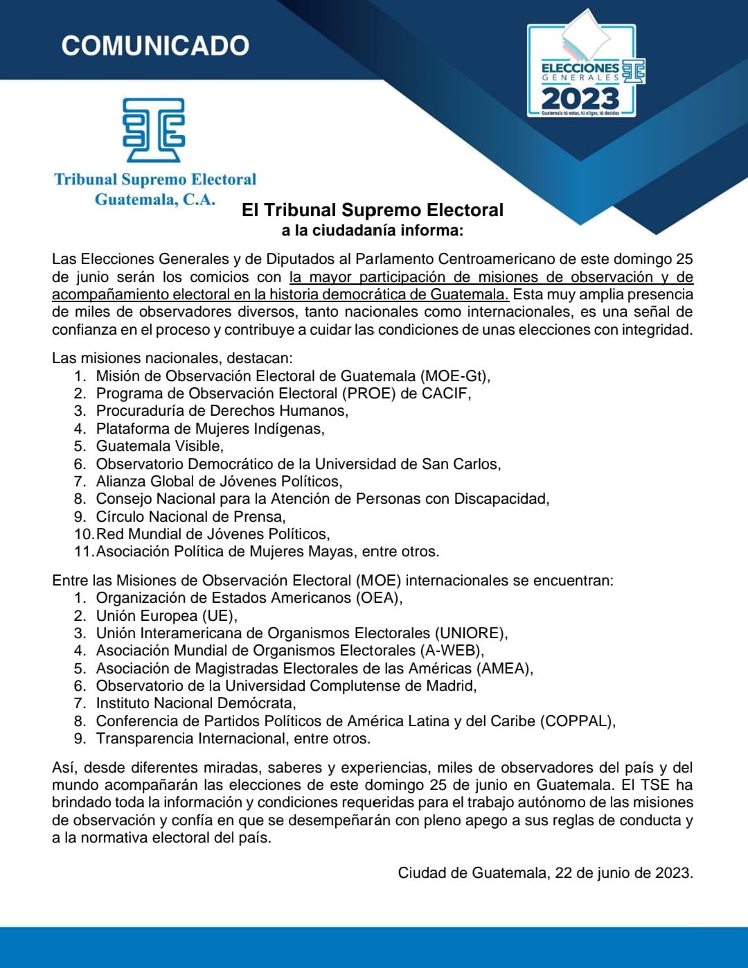 TSE Guatemala on Twitter: "Comunicado | Las Elecciones Generales 2023 de este domingo 25 de ...