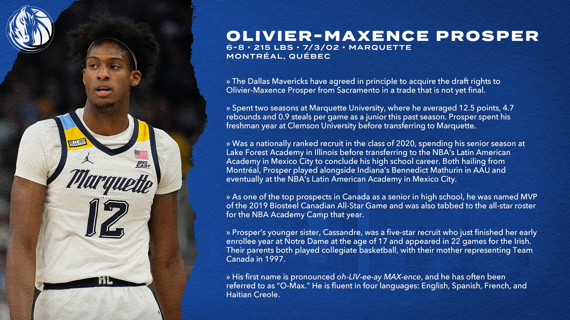 Mavs PR on Twitter: "Olivier-Maxence Prosper averaged 12.5 points, 4.7 rebounds and 0.9 steals ...