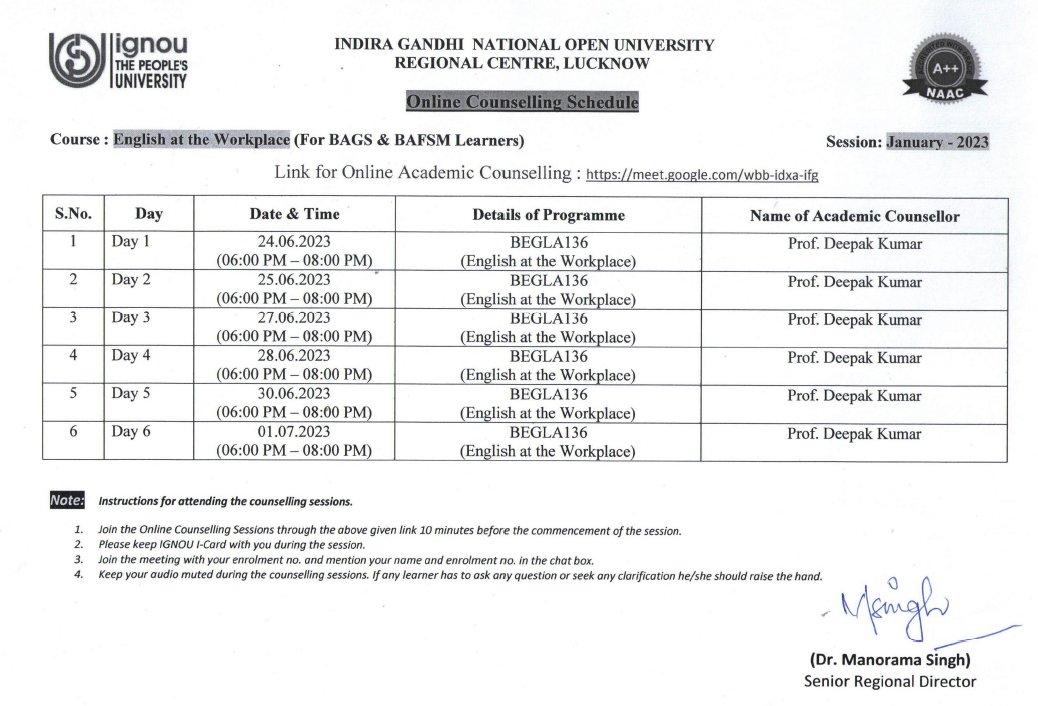 IGNOU Student Corner on Twitter: "BEGLA136- ONLINE Counselling schedule - by Nodal Regional ...