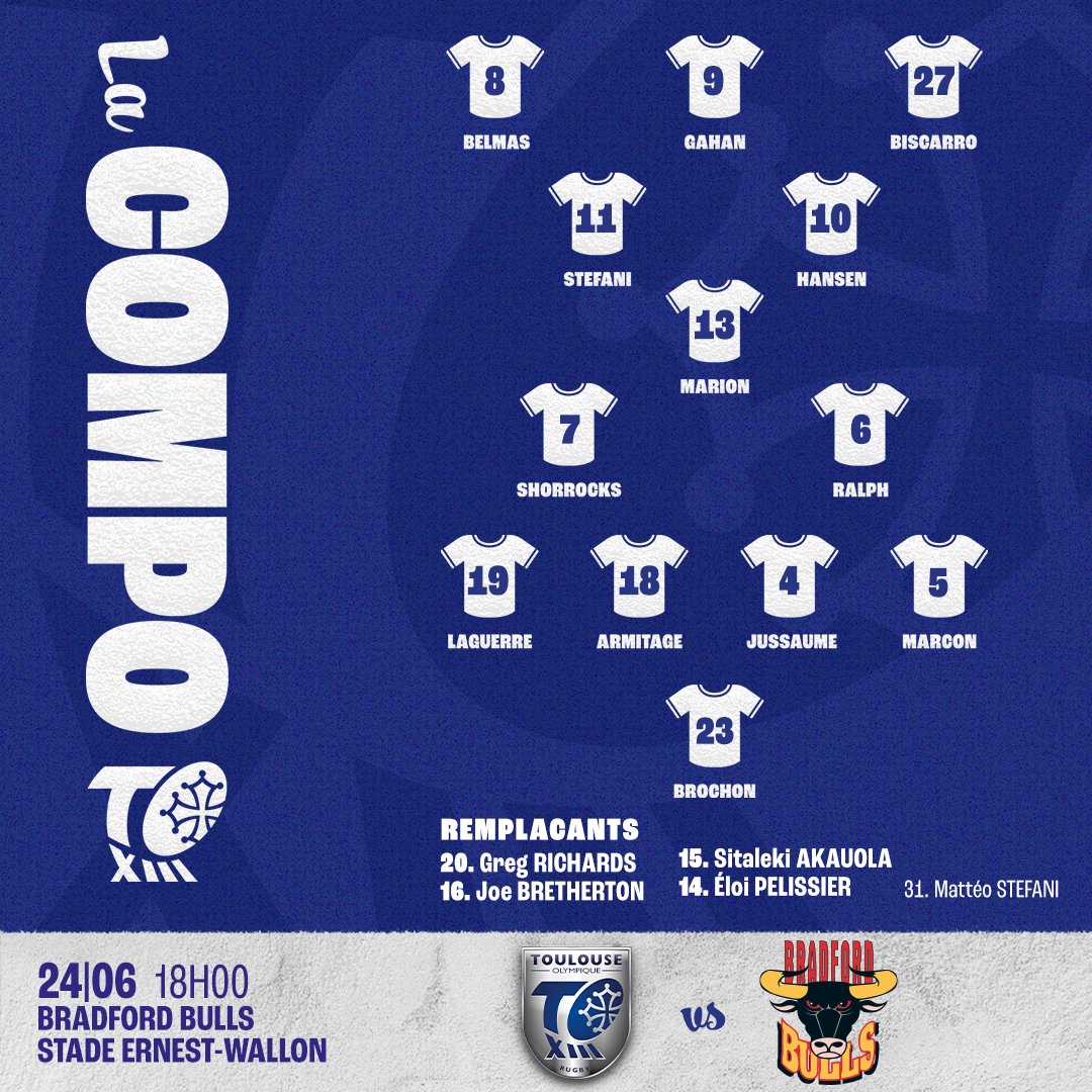 Toulouse Olympique XIII on Twitter: "🔥 𝐋𝐚 𝐂𝐨𝐦𝐩𝐨 ⚡ Voici la compo Olympienne pour la réception de ...