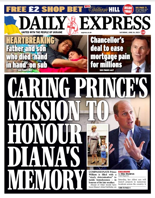 Daily Express on Twitter: "Saturday's front page: Caring Prince's mission to honour Diana's ...