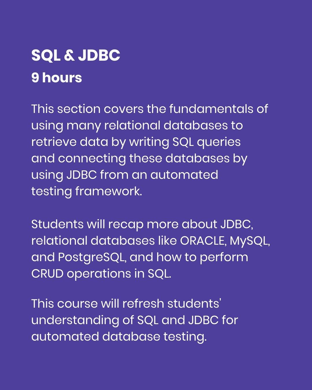 CYDEO on Twitter: "🔹SQL & JDBC – 9 hours 🔹API – 21 hours https://t.co/tkIstFMnEB" / Twitter