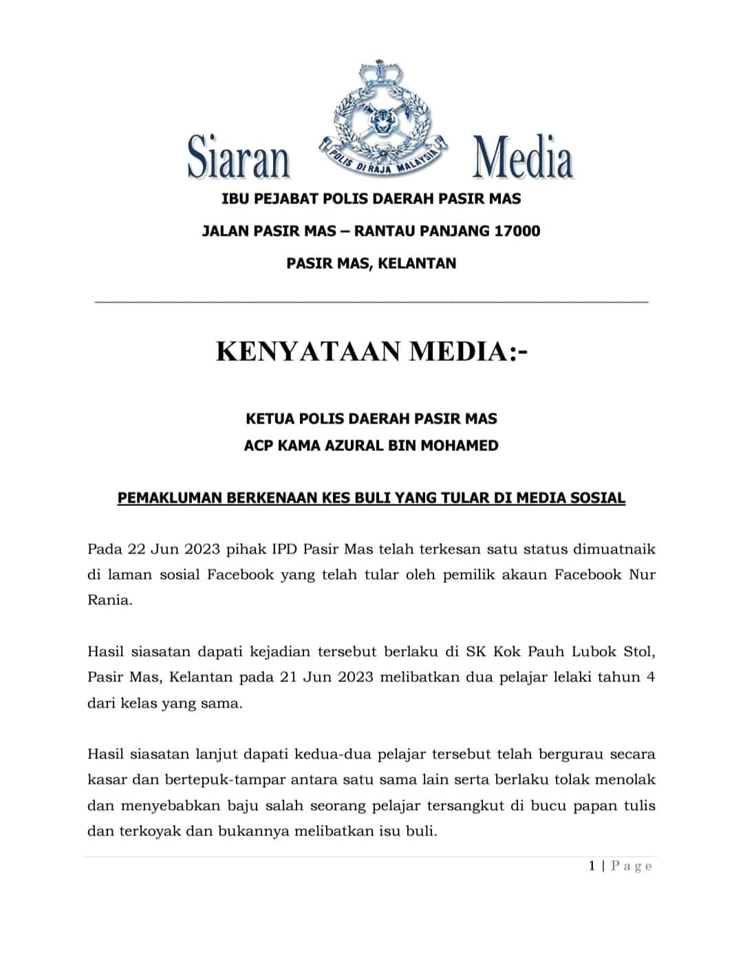 Polis Diraja M'sia on Twitter: "ISU TULAR: KENYATAAN MEDIA KETUA POLIS DAERAH PASIR MAS ...