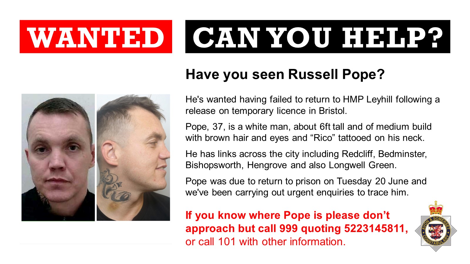Avon and Somerset Police on Twitter: "Call 999 if you see Russell Pope, wanted after failing to ...