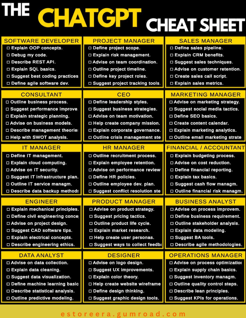 E-StoreEra on Twitter: "The ChatGPT Cheat Sheet 👉https://t.co/gJsT4N1AXK - 15 job fields ...