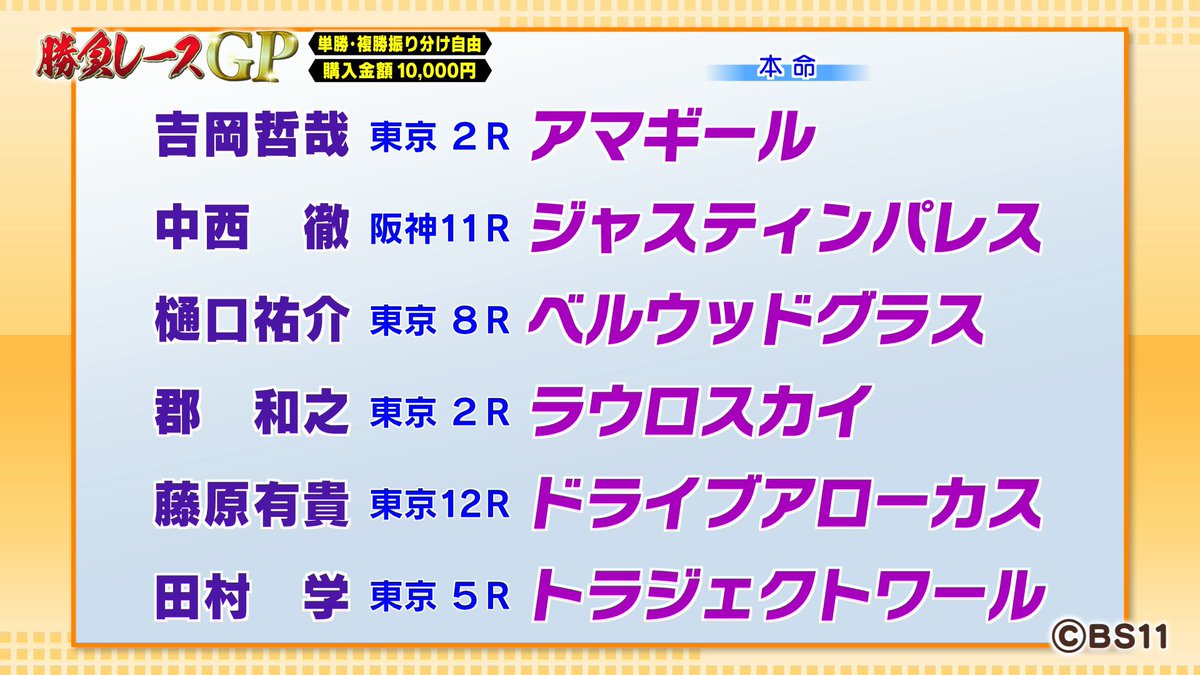 BSイレブン競馬中継 on Twitter: "上半期最後の回収率勝負！ #勝負レースグランプリ 「#うまナビ！イレブン」解説陣の 6/25のレースの中で最も自信のある1頭！ #bs11競馬"